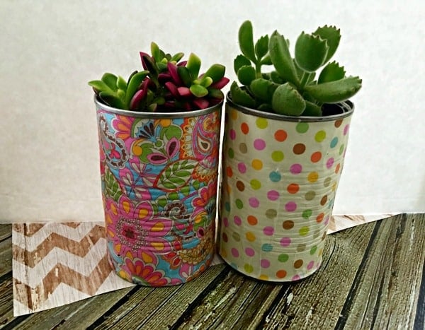 DIY Tin Can Planters: Decoupage Tin Can Planters