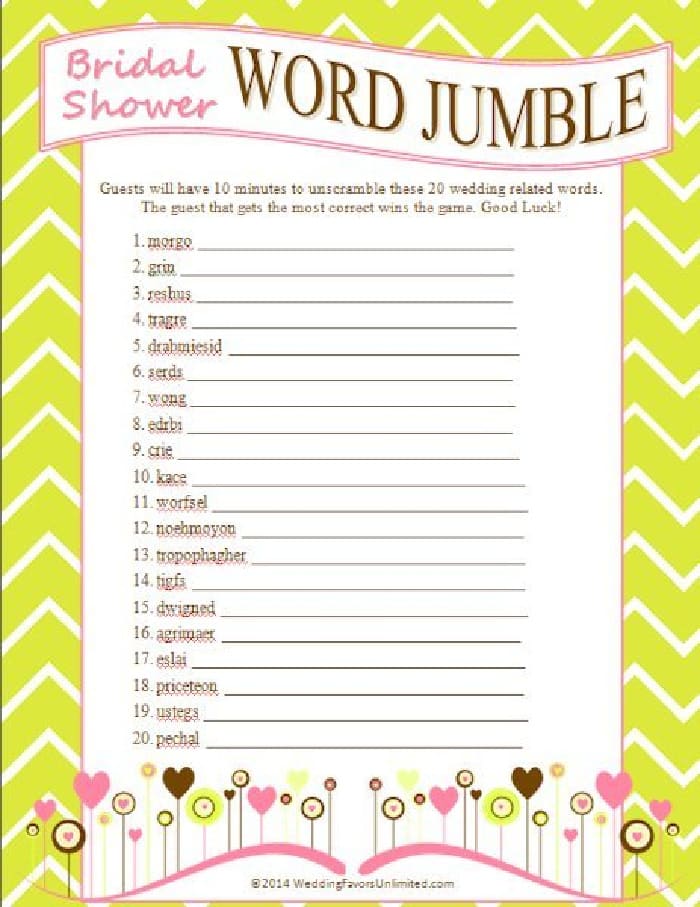 Free Printable Bridal Shower Games Word Scramble