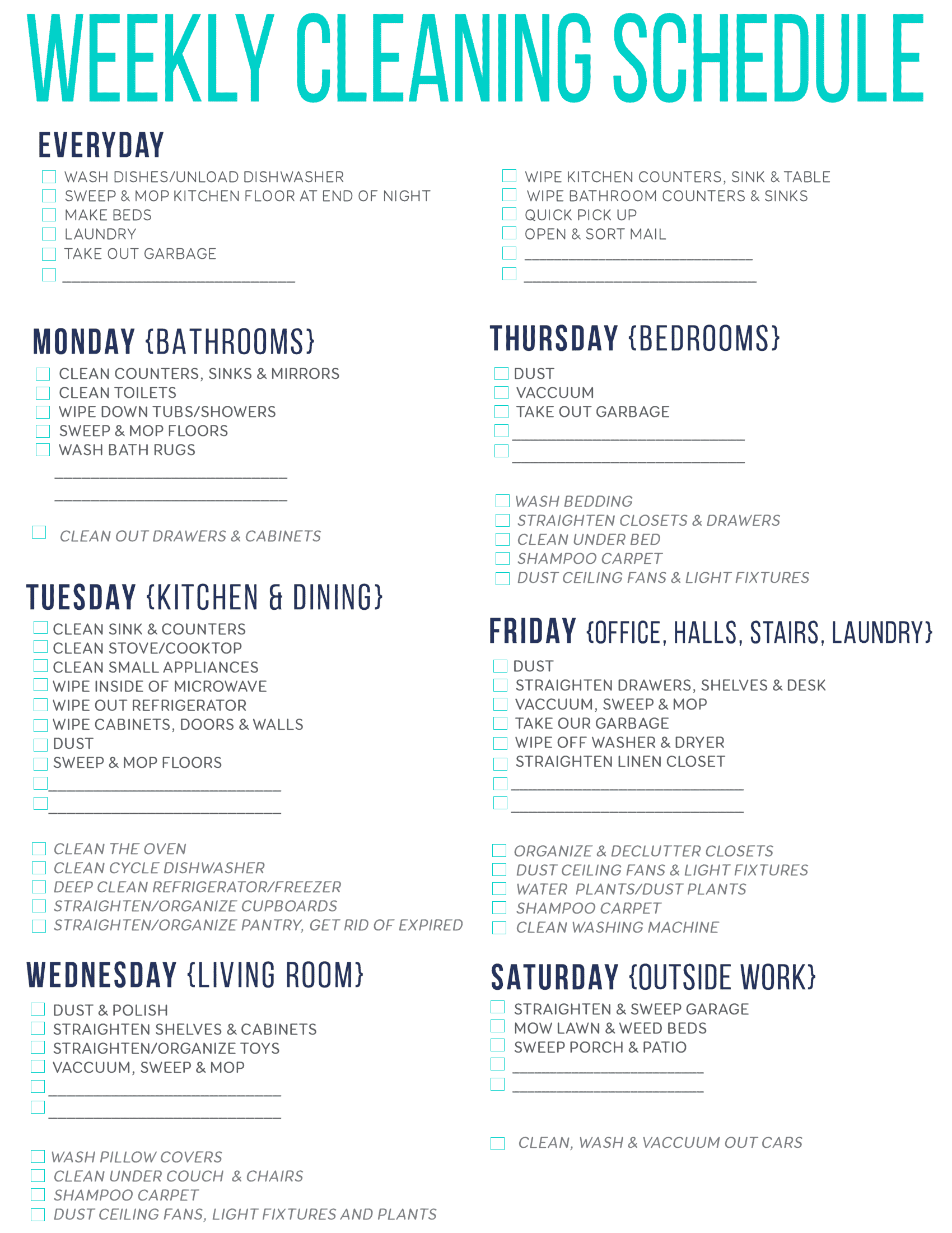 Free Printable Housework Checklist