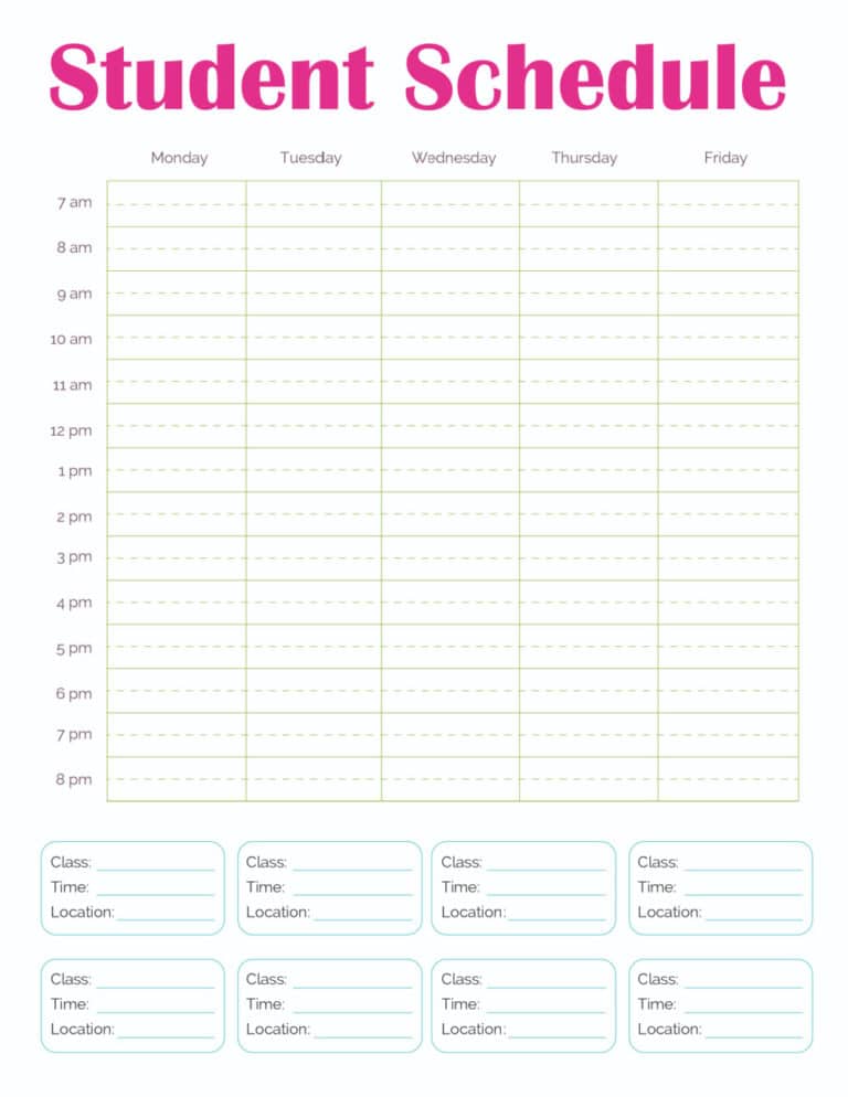 Printable Class Schedule Template (PDF Download)