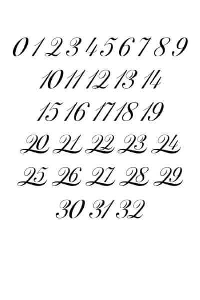 Free Printable Fancy Calligraphy Numbers 0-32