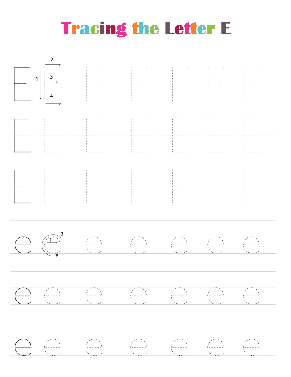 Free Printable Alphabet Tracing Worksheets PDF: Letter E