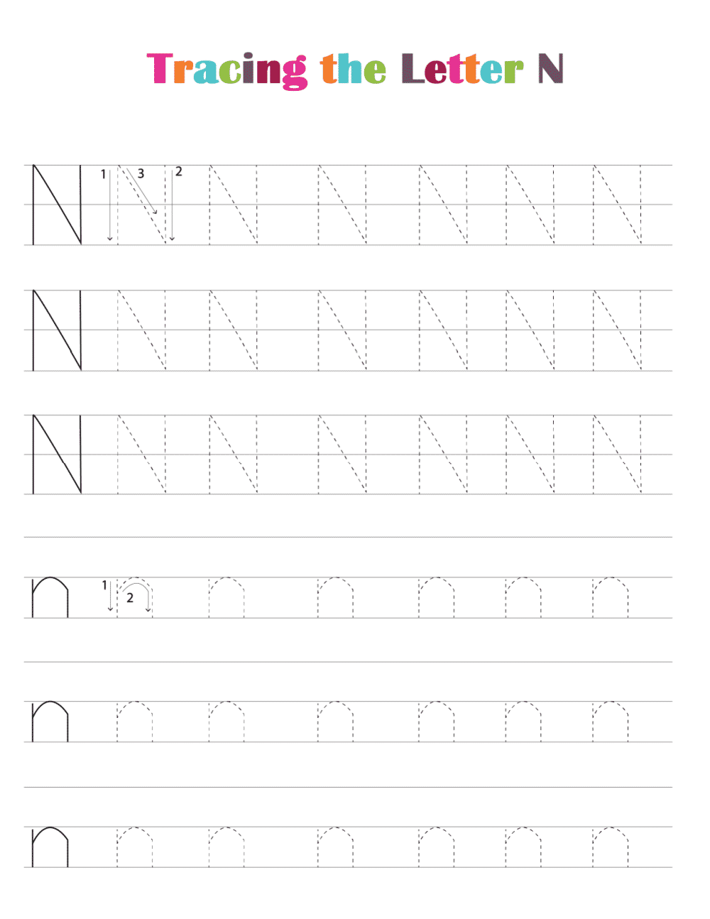 Free Printable Alphabet Tracing Worksheets PDF: Letter N