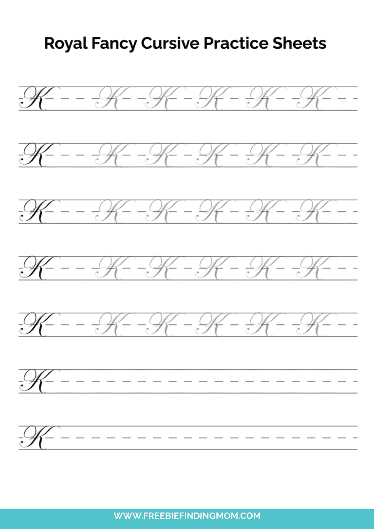 Printable Cursive Alphabet Practice Sheets: Royal Fancy Capital K