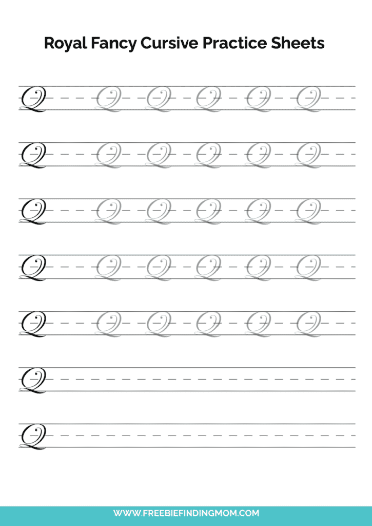 Free Printable Capital Royal Fancy Cursive Letter Q Practice Sheet 