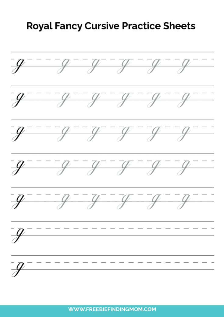 Printable Cursive Alphabet Practice Sheets: Royal Fancy Lowercase G