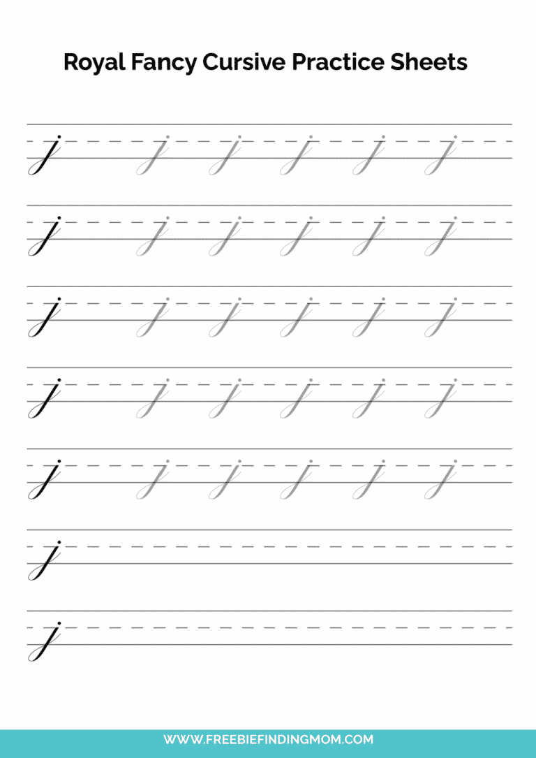 Printable Cursive Alphabet Practice Sheets: Royal Fancy Lowercase J