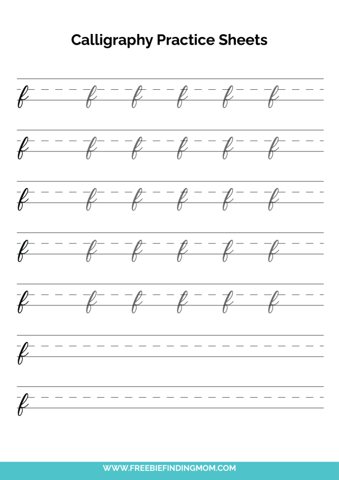 Free Printable Calligraphy Practice Sheets for Beginner: Lowercase F