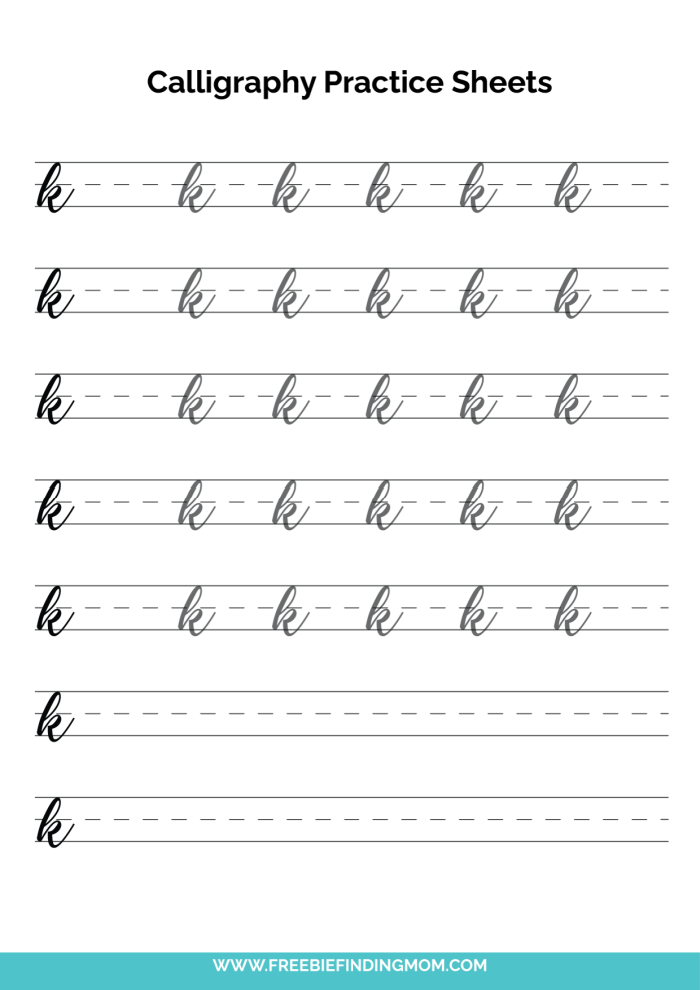 Free Printable Calligraphy Practice Sheets for Beginner Lowercase K