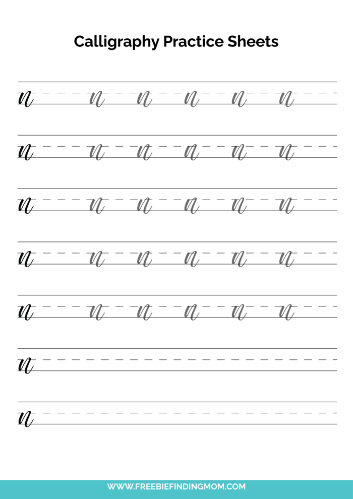 Free Printable Calligraphy Practice Sheets for Beginner: Lowercase N