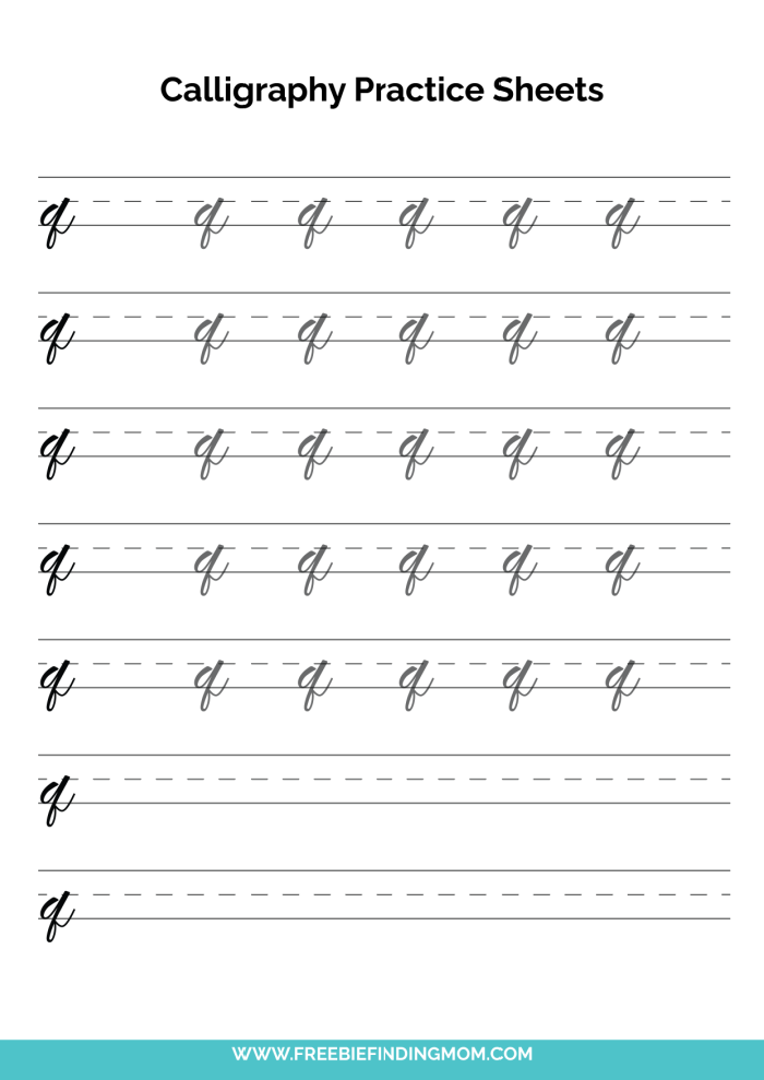 Free Printable Calligraphy Practice Sheets for Beginner: Lowercase Q