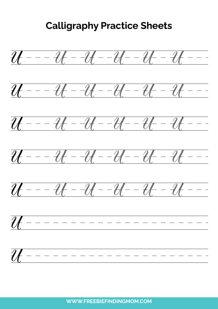 Free Calligraphy Practice Sheets Printable for Beginners: Capital U