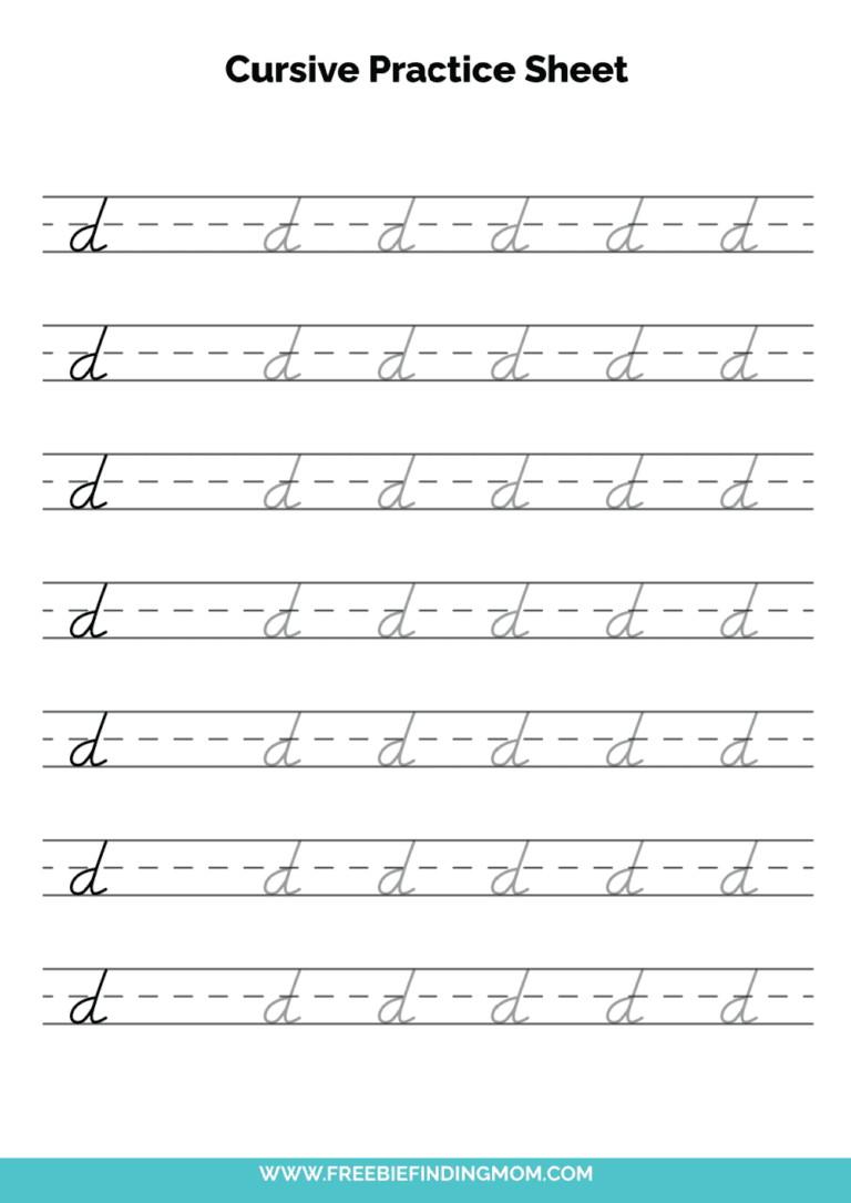 Free Printable Cursive Alphabet Practice Sheets: Lowercase D