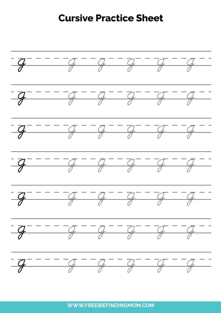 Free Printable Cursive Alphabet Practice Sheets: Lowercase G