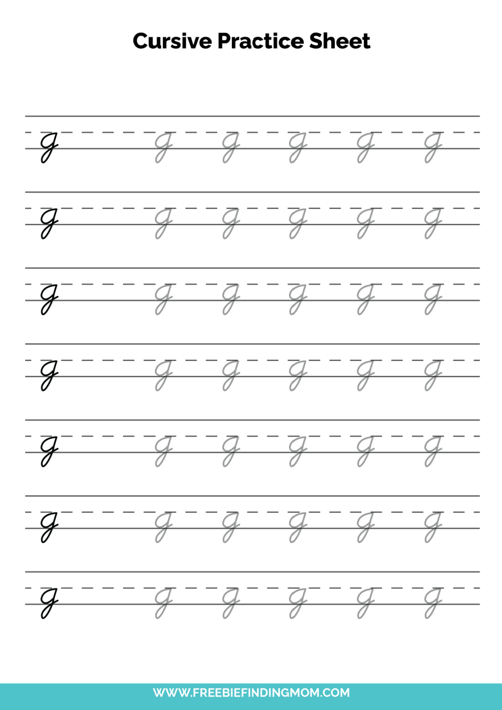 Free Printable Lowercase Cursive Letter G Practice Sheet PDF Freebie