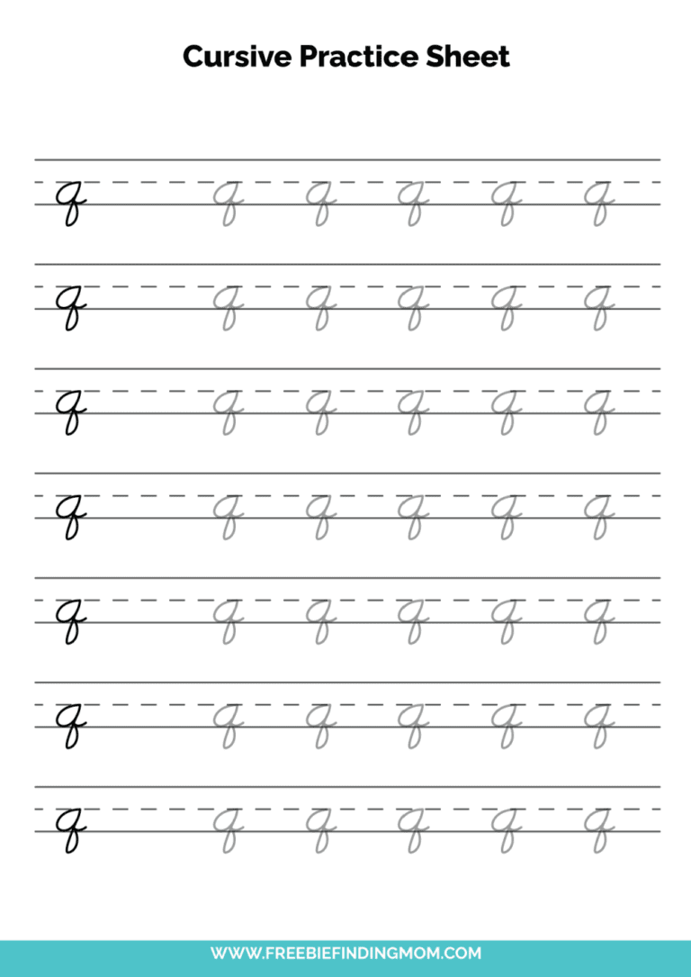 Free Printable Cursive Alphabet Practice Sheets: Lowercase Q