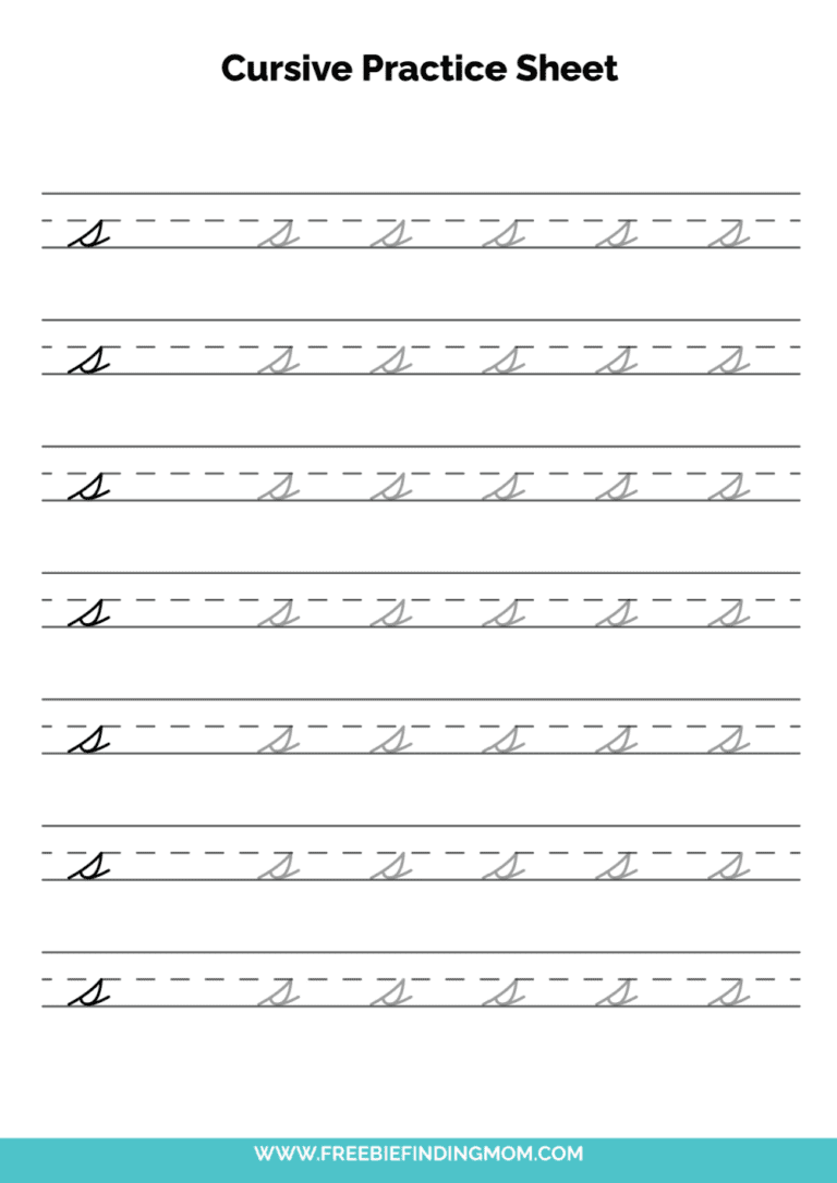 Free Printable Lowercase Cursive Letter S Practice Sheet PDF Freebie 