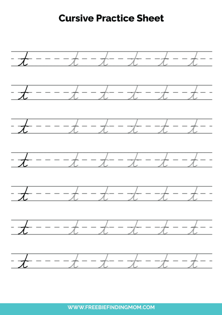 Free Printable Cursive Alphabet Practice Sheets: Lowercase T