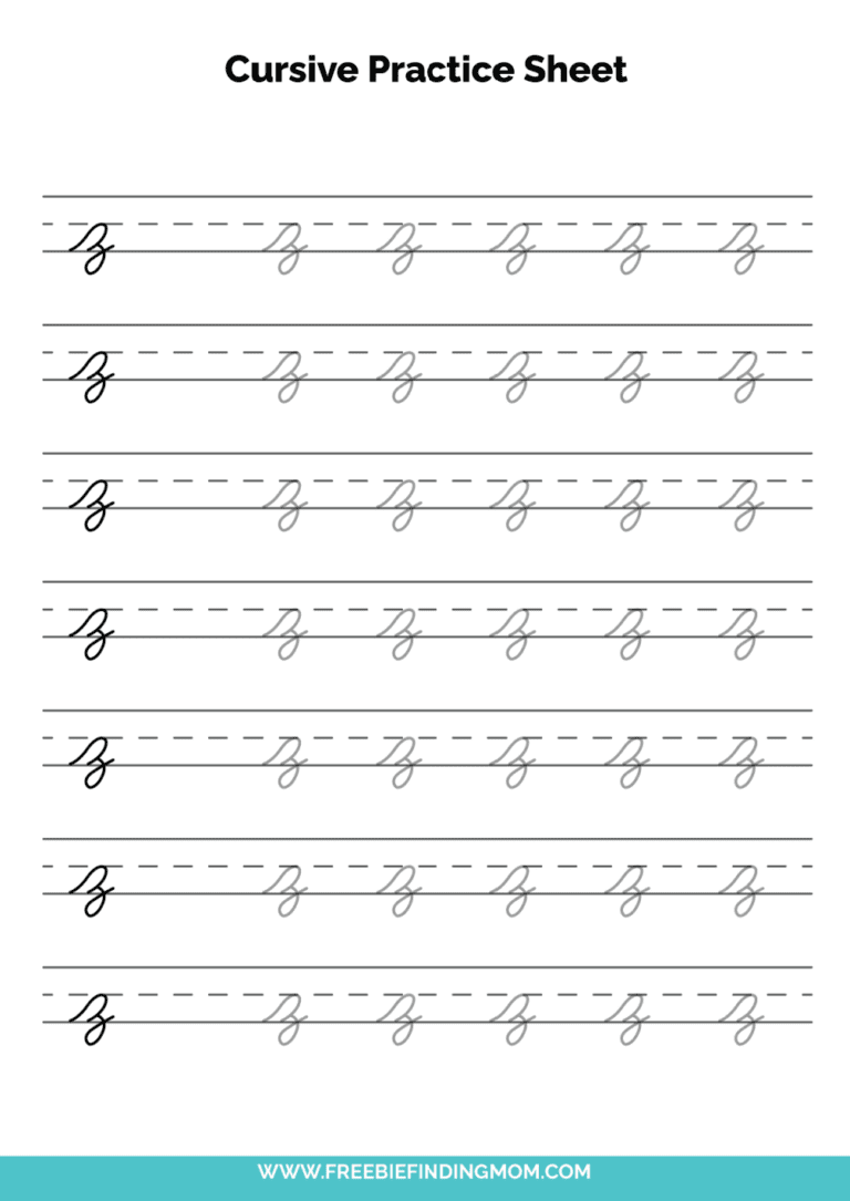 Free Printable Cursive Alphabet Practice Sheets: Lowercase Z