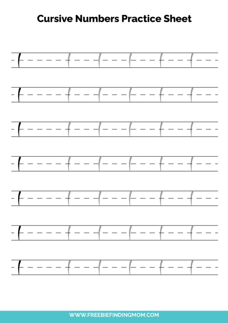 Free Printable Number Writing Worksheets: Cursive Number 1