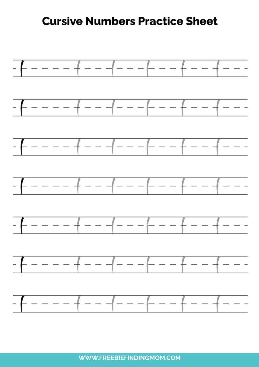 Free Printable Number Writing Worksheets: Cursive Number 1
