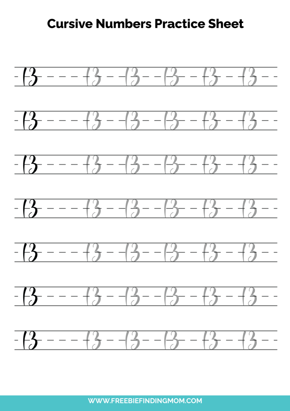 Free Printable Number Writing Worksheets: Cursive Number 13