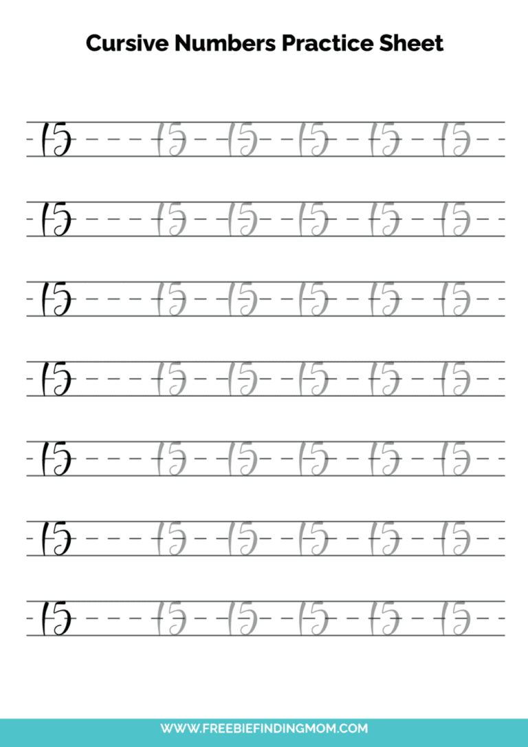 Free Printable Number Writing Worksheets: Cursive Number 15