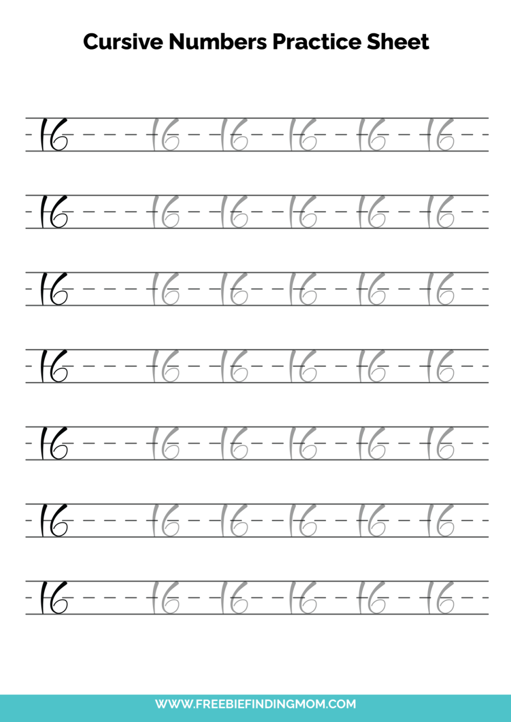 Free Printable Number Writing Worksheets: Cursive Number 16