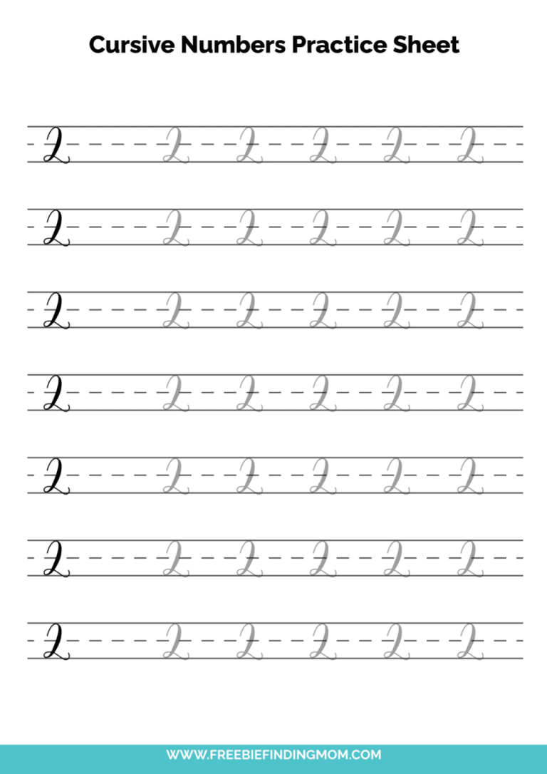Free Printable Number Writing Worksheets: Cursive Number 2