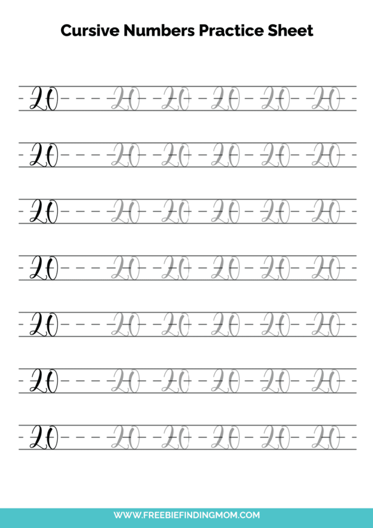 Free Printable Number Writing Worksheets: Cursive Number 20