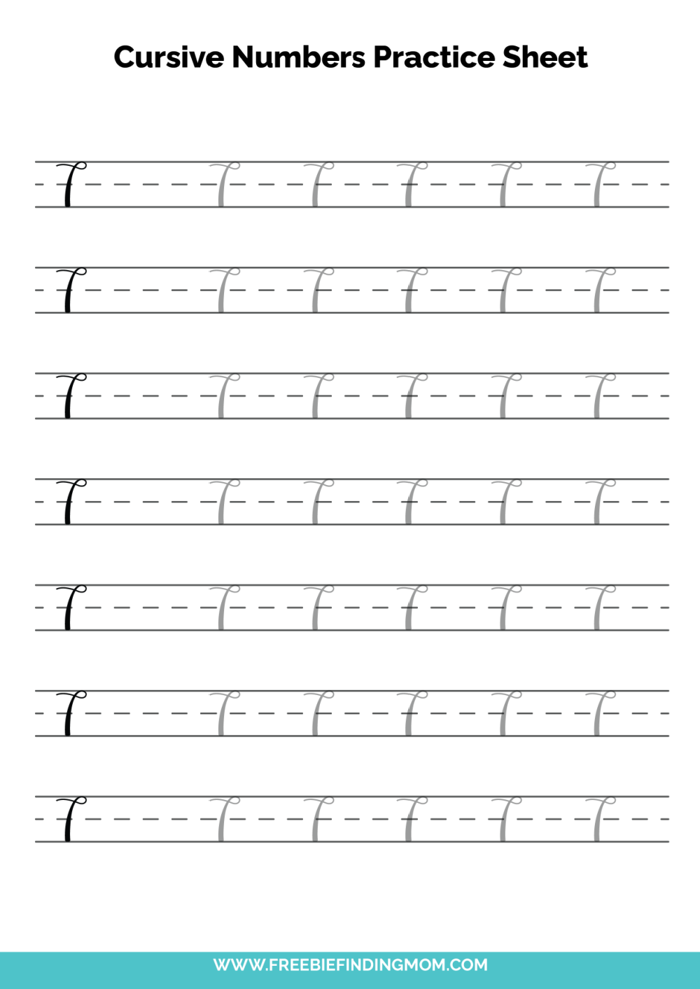 Free Printable Number Writing Worksheets: Cursive Number 7