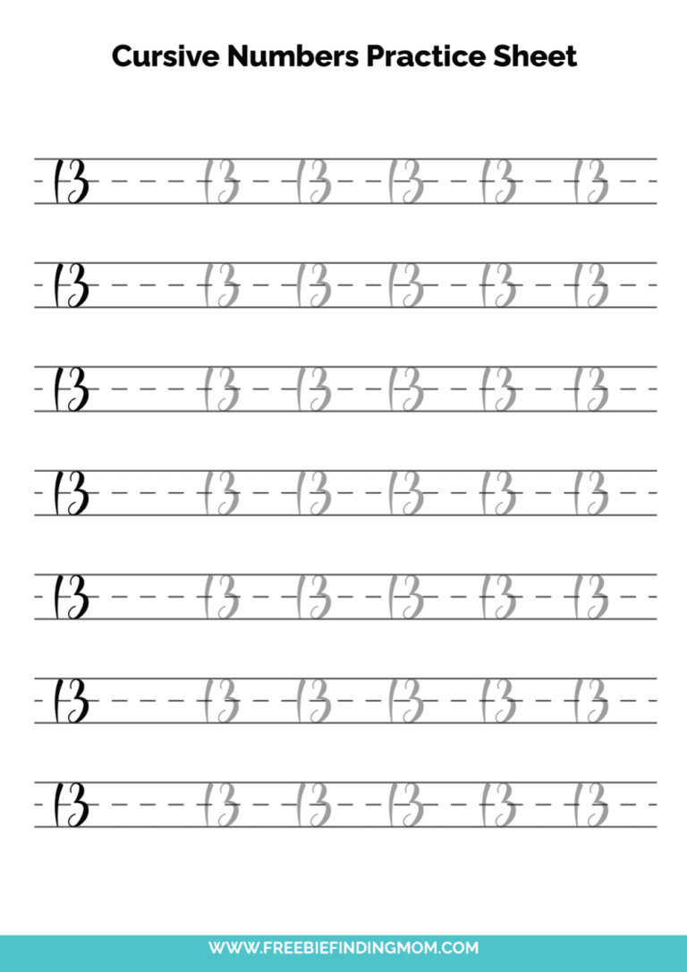 Printable Cursive Writing Practice Sheets PDF: Numbers 1 to 20