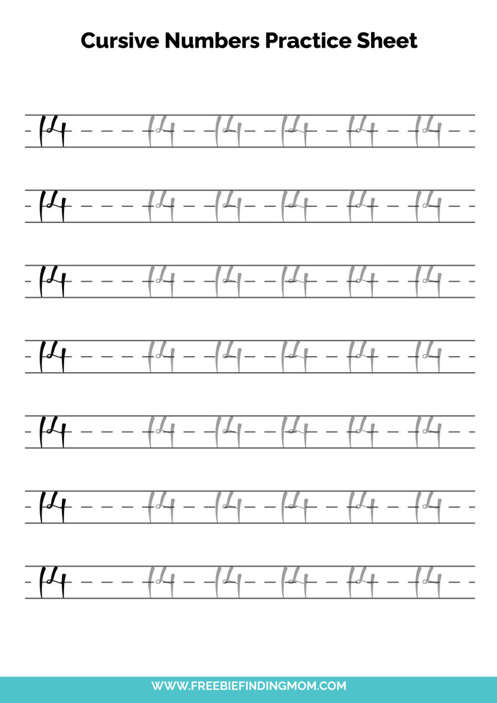 Printable Cursive Writing Practice Sheets PDF: Numbers 1 to 20