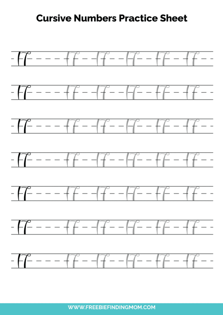 Printable Cursive Writing Practice Sheets PDF: Numbers 1 to 20