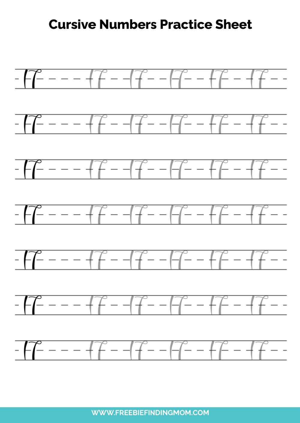 Printable Cursive Writing Practice Sheets PDF: Numbers 1 to 20