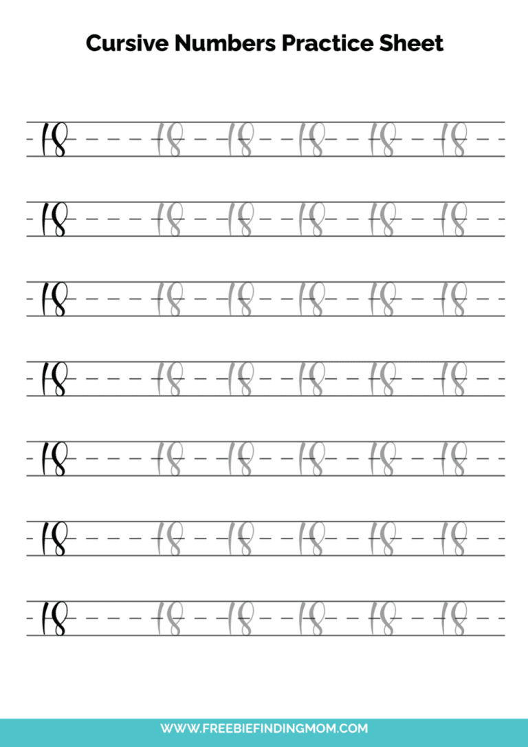 Printable Cursive Writing Practice Sheets PDF: Numbers 1 to 20