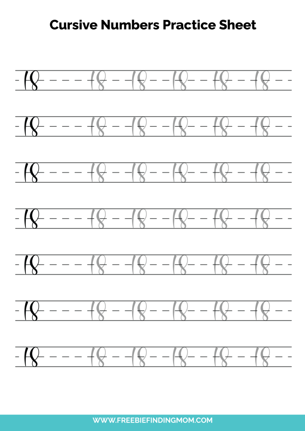 Printable Cursive Writing Practice Sheets PDF: Numbers 1 to 20
