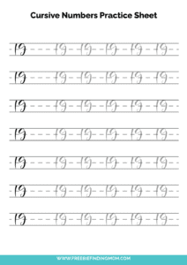 Printable Cursive Writing Practice Sheets PDF: Numbers 1 to 20