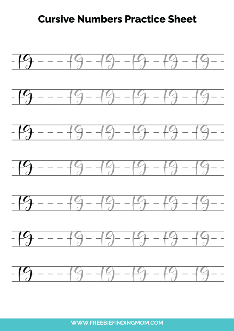 Printable Cursive Writing Practice Sheets PDF: Numbers 1 to 20