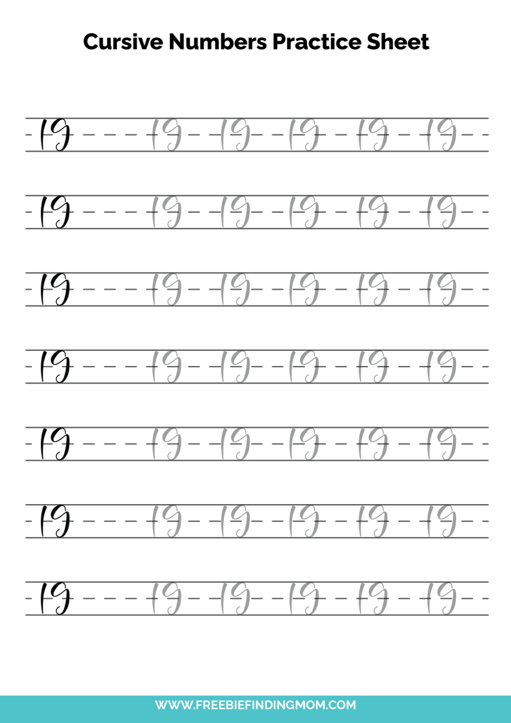 Printable Cursive Writing Practice Sheets PDF: Numbers 1 to 20
