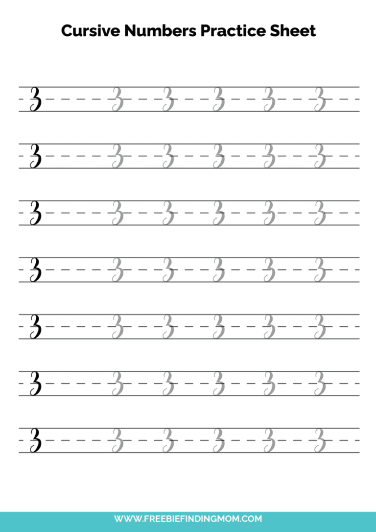 Printable Cursive Writing Practice Sheets PDF: Numbers 1 to 20