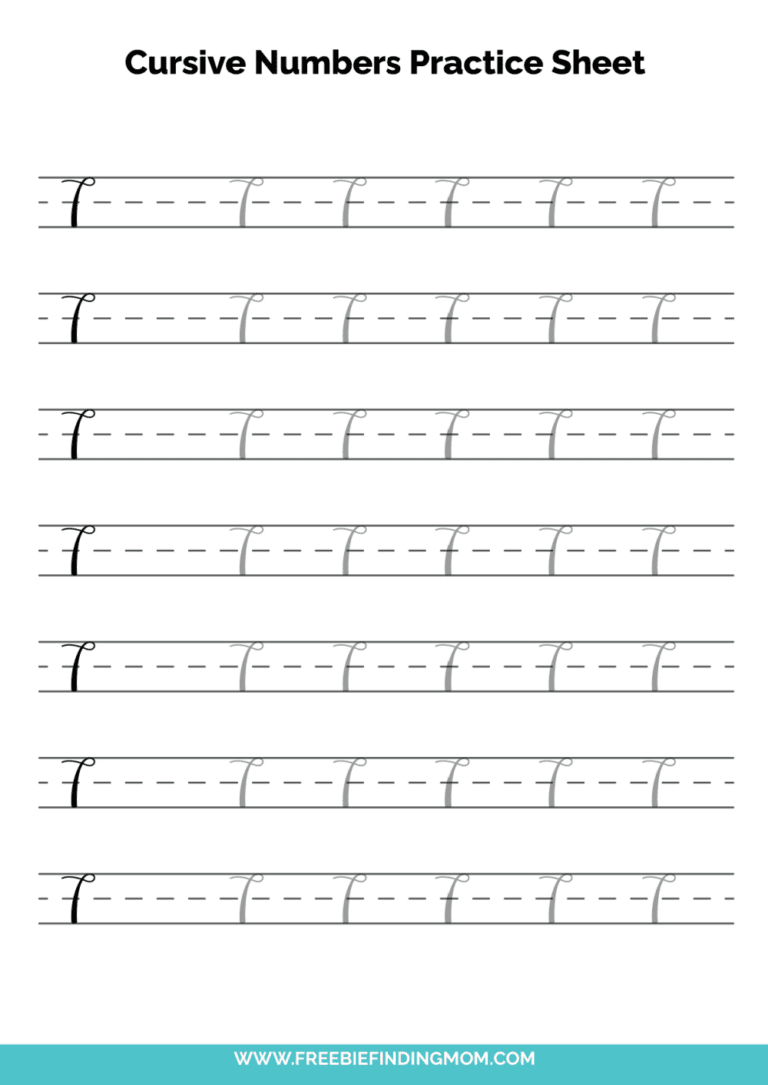 Printable Cursive Writing Practice Sheets PDF: Numbers 1 to 20