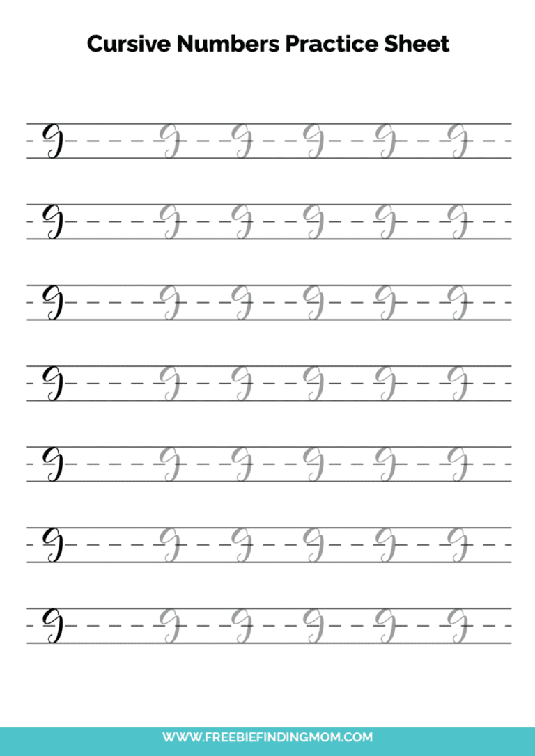 Printable Cursive Writing Practice Sheets PDF: Numbers 1 to 20
