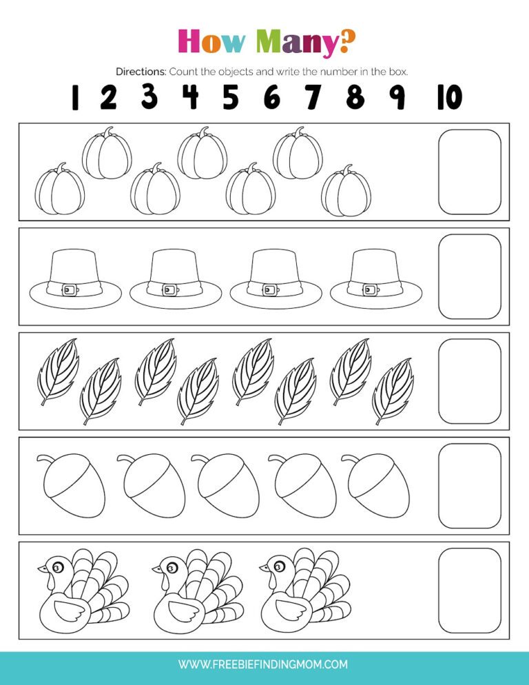 Free Preschool Printable Worksheets: Thanksgiving Math