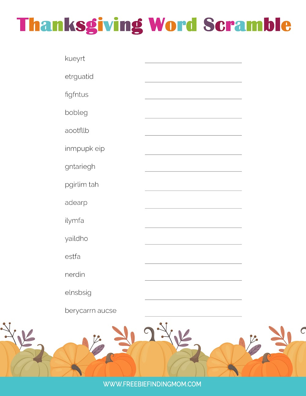 Thanksgiving Games Printable: Word Scramble and Answers