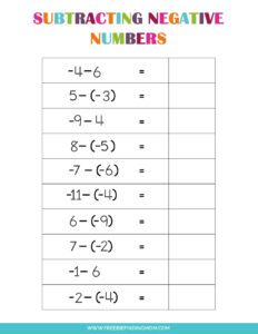 Free Printable Adding and Subtracting Negative Numbers Worksheets